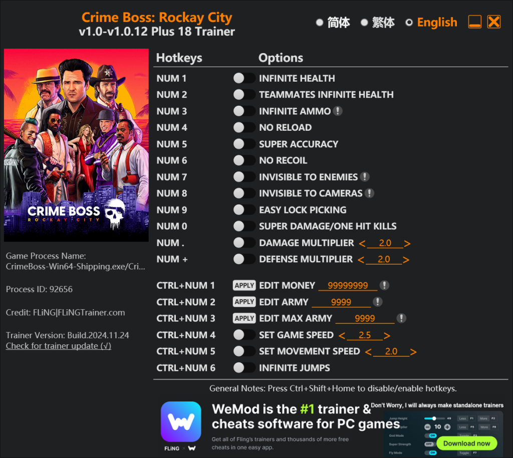 Crime Boss: Rockay City Trainer - FLiNG Trainer - PC Game Cheats and Mods