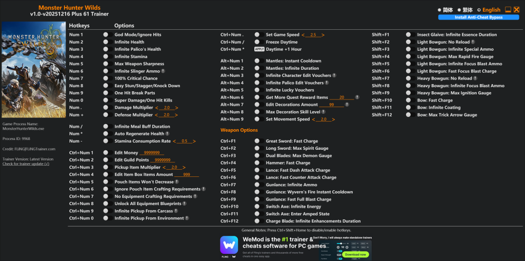 Monster Hunter Wilds Trainer - FLiNG Trainer - PC Game Cheats and Mods
