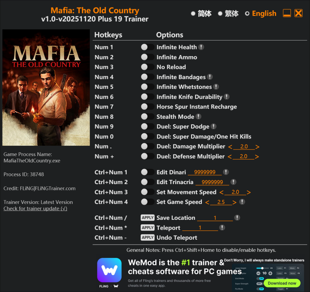 Mafia: The Old Country Trainer - FLiNG Trainer - PC Game Cheats and Mods