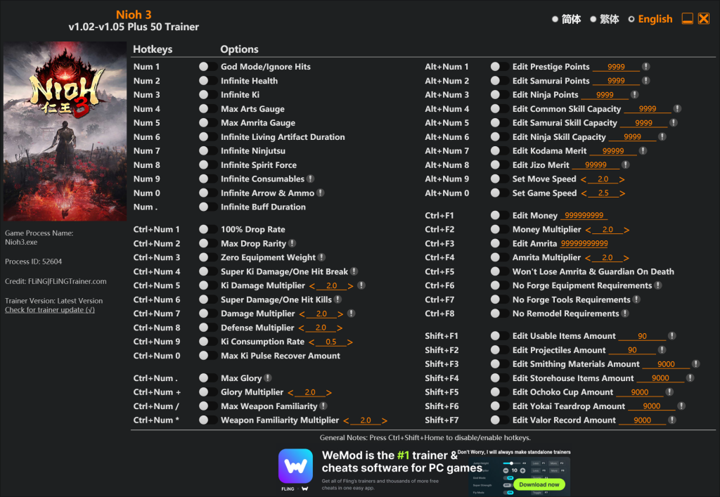 Nioh 3 Trainer - FLiNG Trainer - PC Game Cheats and Mods